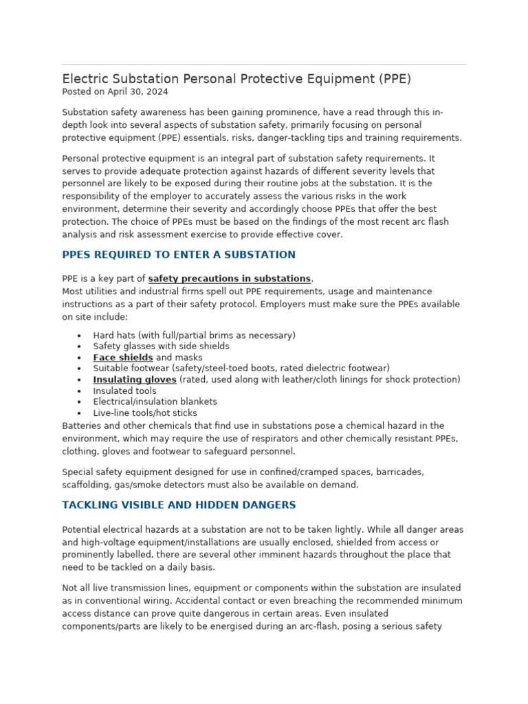 Electric Substation Personal Protective Equipment (PPE) RTF | PDF ...