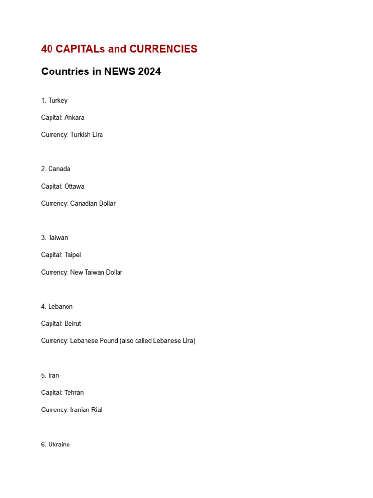 Capitals & Currencies 2024 Guide | PDF | Renminbi | United States Dollar