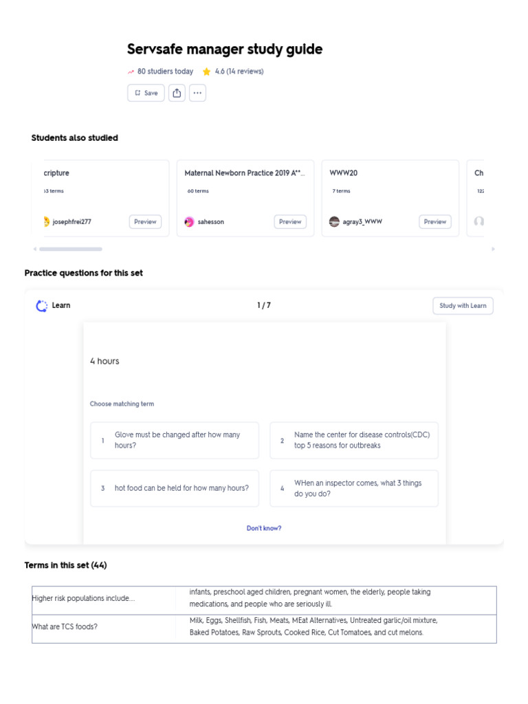 Servsafe Manager Study Guide Flashcards - Quizlet | PDF | Foods | Meat