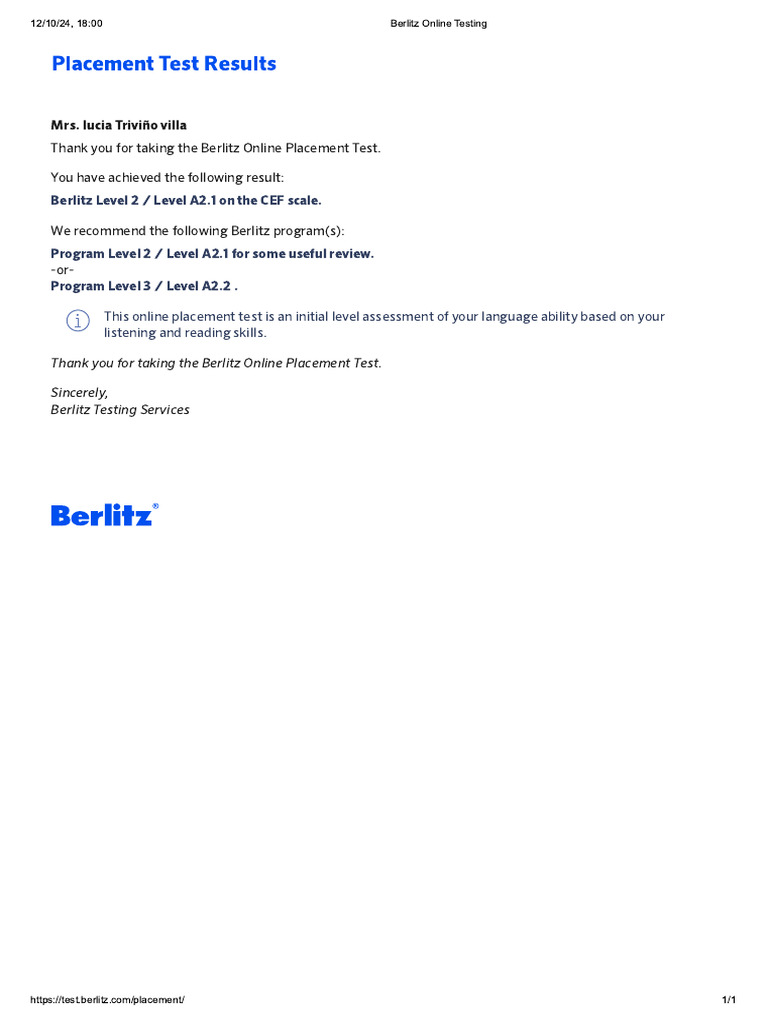 Berlitz Online Testing | PDF