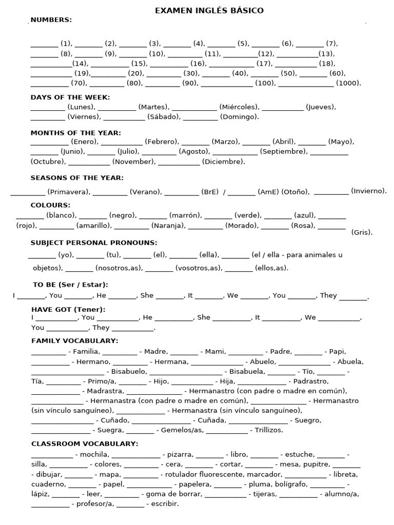 Examen Inglés Básico | PDF