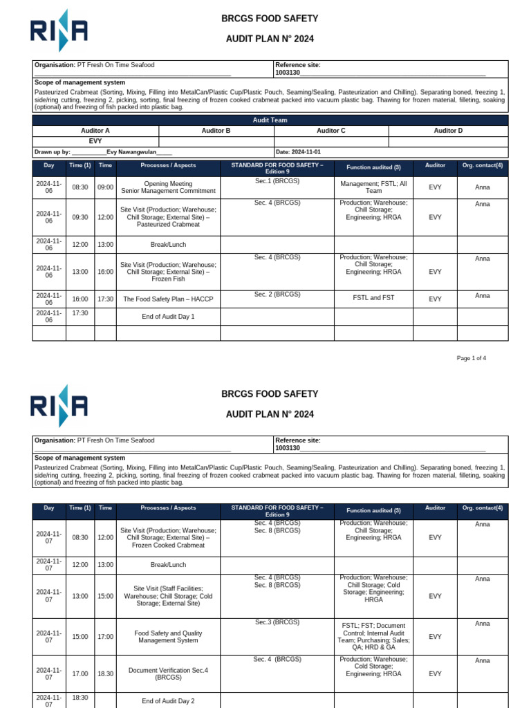 2024 BRCGS Food Safety Audit Plan | PDF | Food Science | Food Industry