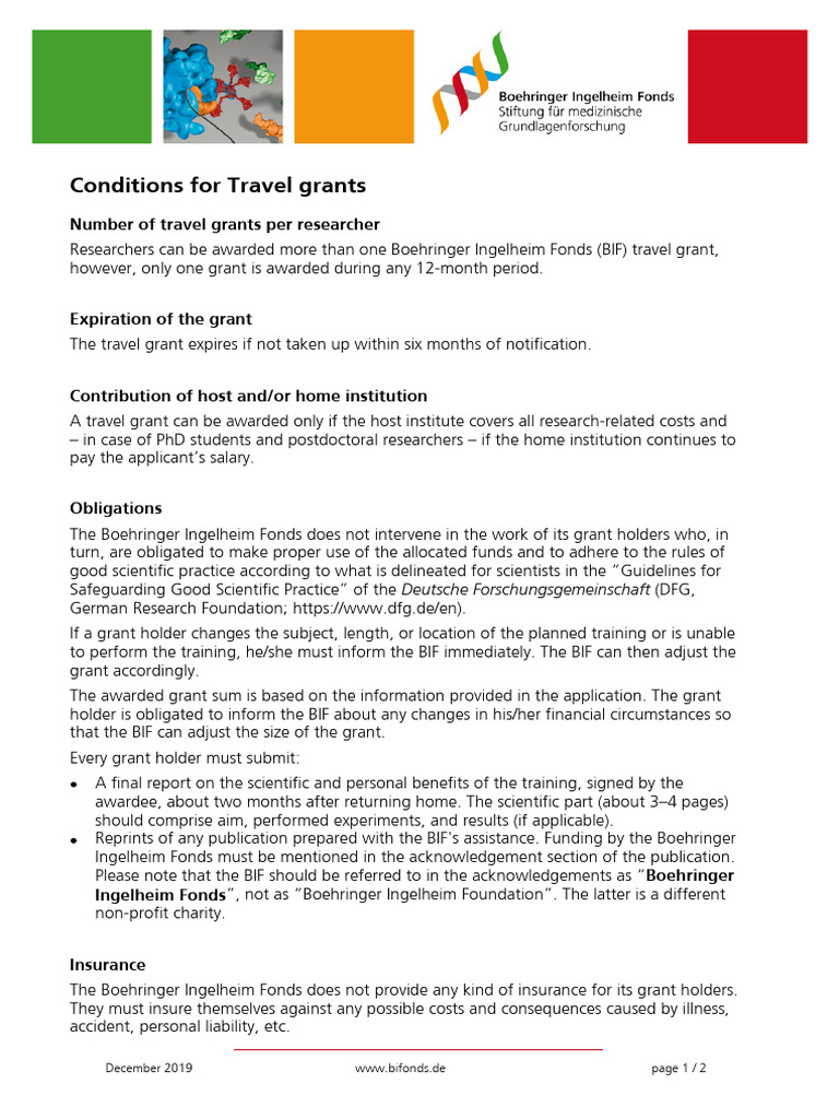 Travel Grant Conditions 12 2019 | PDF | Insurance | Legal Liability