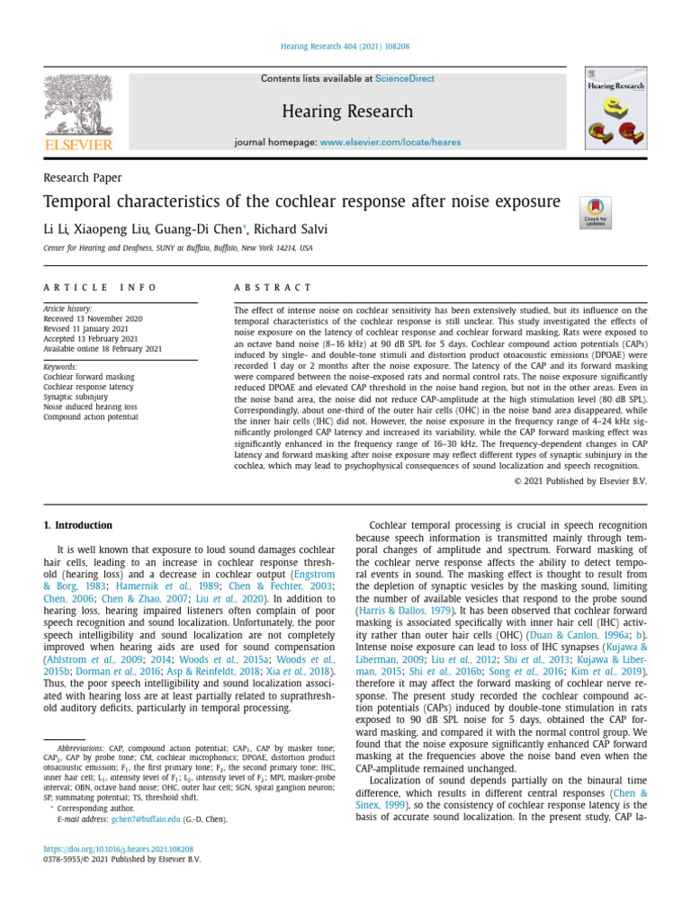 Temporal Characteristics of The Cochlear Response After Noise Exposure ...