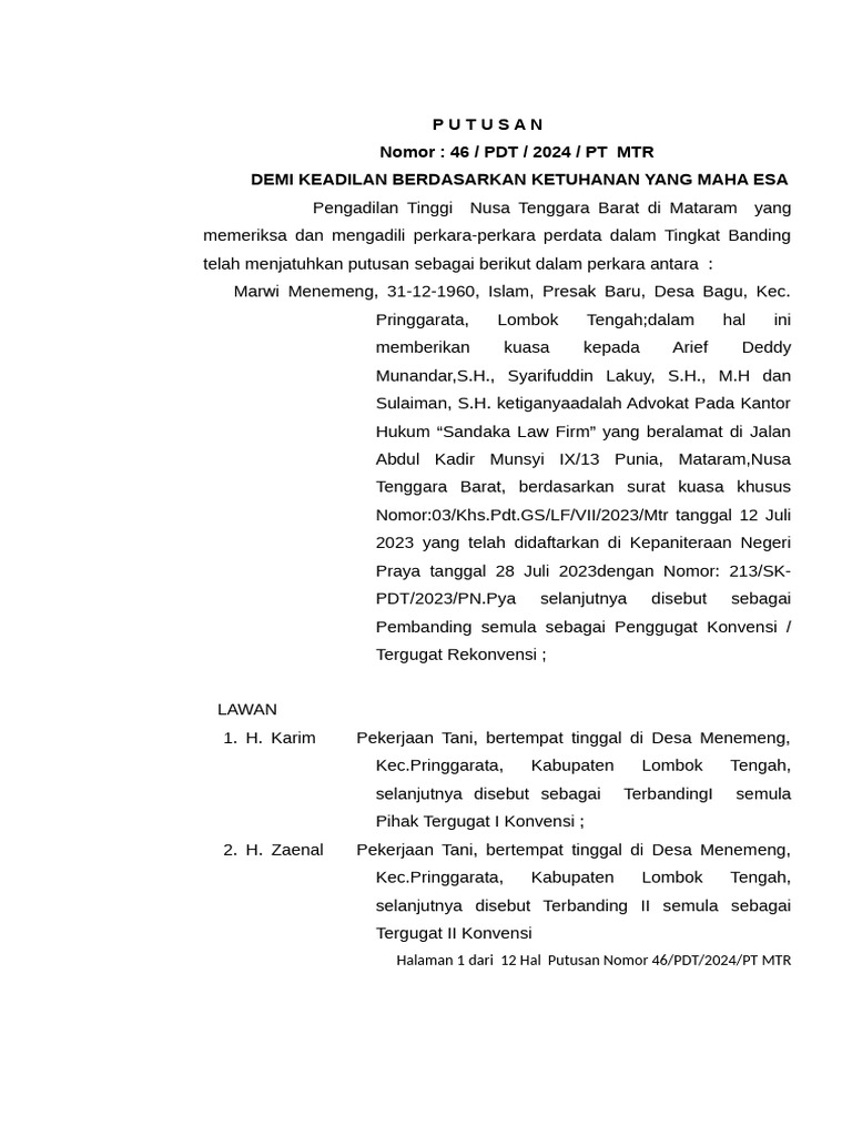 Salinan Putusan 46 PDT 2024 PT MTR | PDF | Hukum