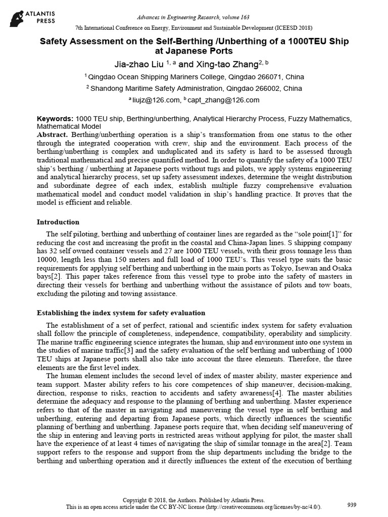 Safety Assessment On The Self-Berthing /unberthing of A 1000TEU Ship at ...