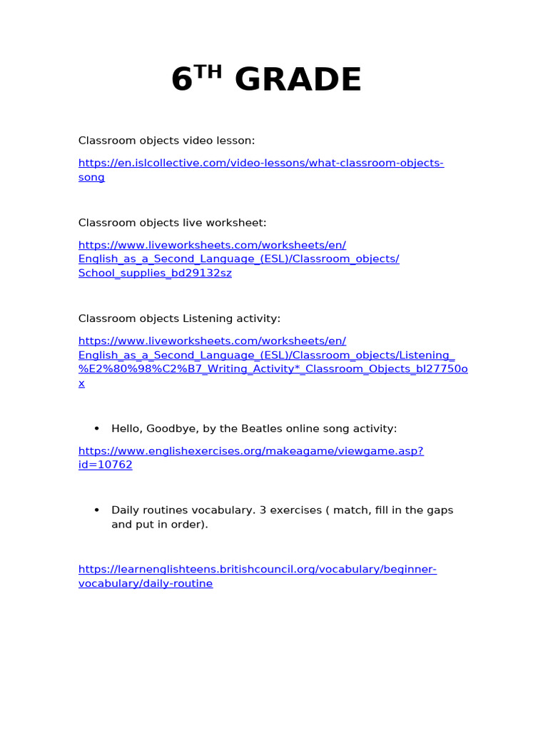 ESL Activities for 6th Graders | PDF
