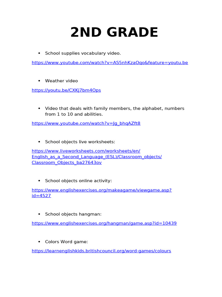 2nd Grade ESL Online Resources | PDF