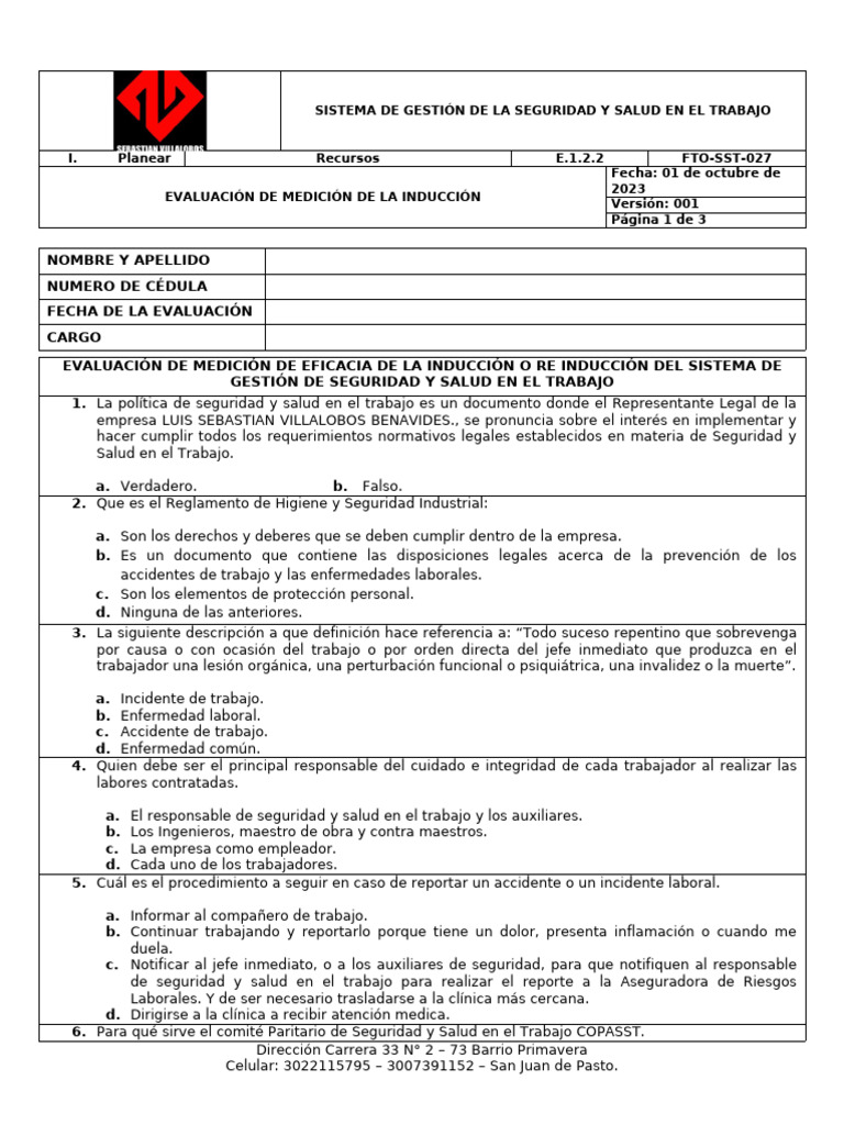 FTO-SST-027 Formato Evaluación Inducción y Reinducción de SST Re Induccion | PDF
