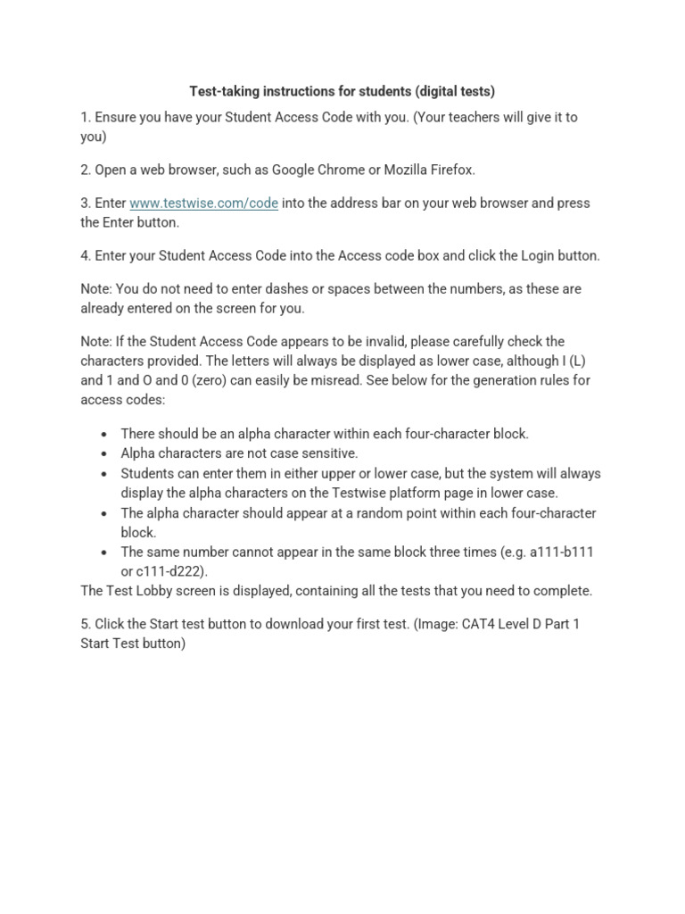 CAT 4 Test Instructions | PDF