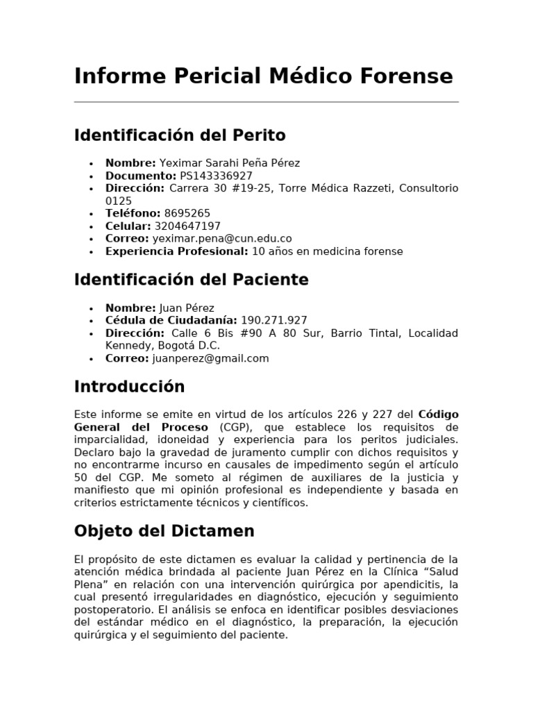 Informe Pericial Medico Forense | PDF | Especialidades Medicas | Medicina CLINICA