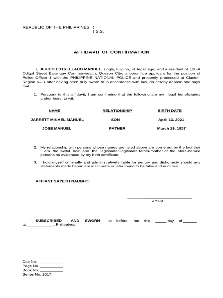 Affidavit of Confirmation - Jerico Manuel | PDF | Social Science | Law