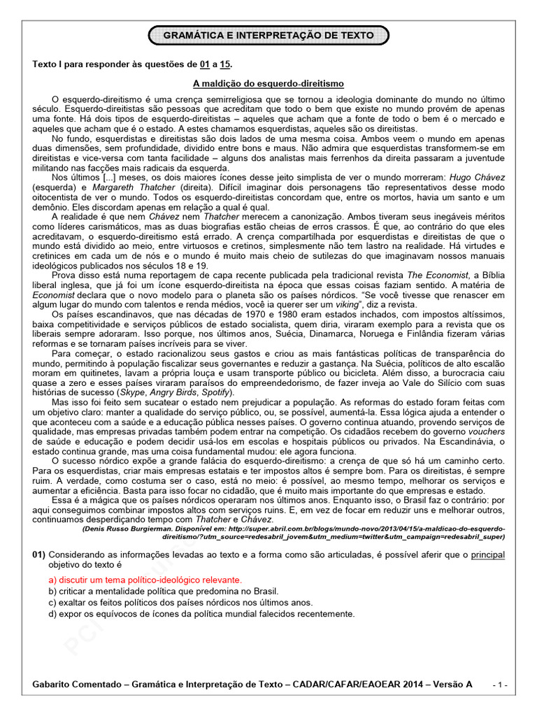 Prova Comentada Gramatica e Interpretacao Versao A | PDF | Estado | Tempo