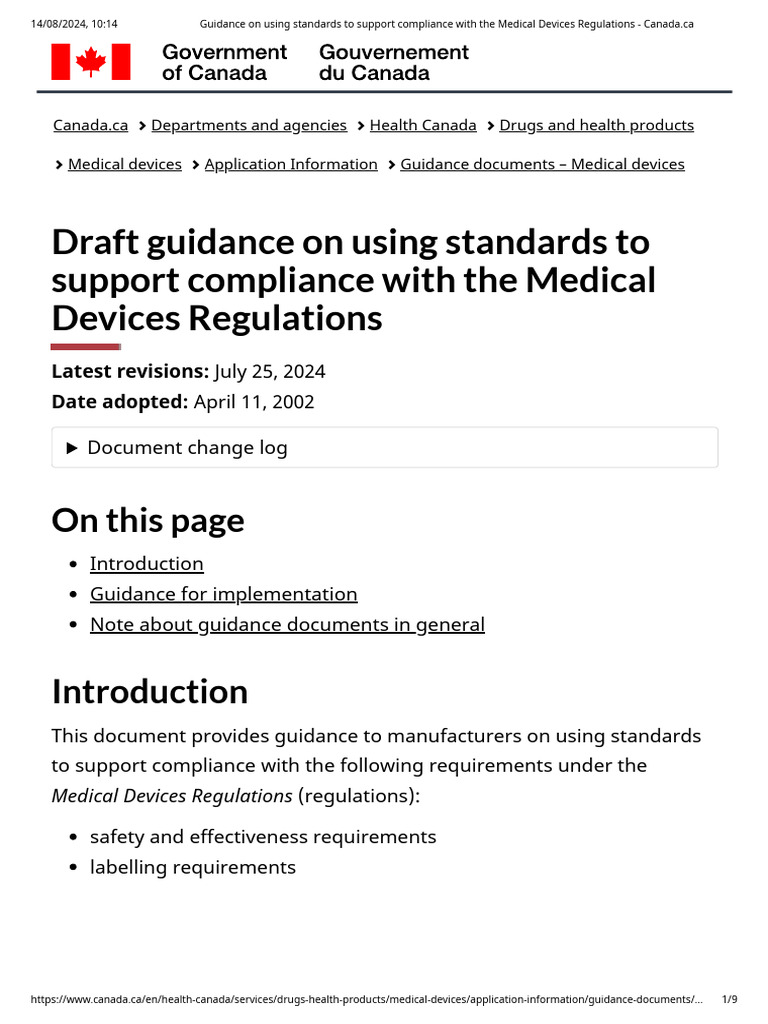 Guidance on using standards to support compliance with the Medical Devices Regulations - Canada ...