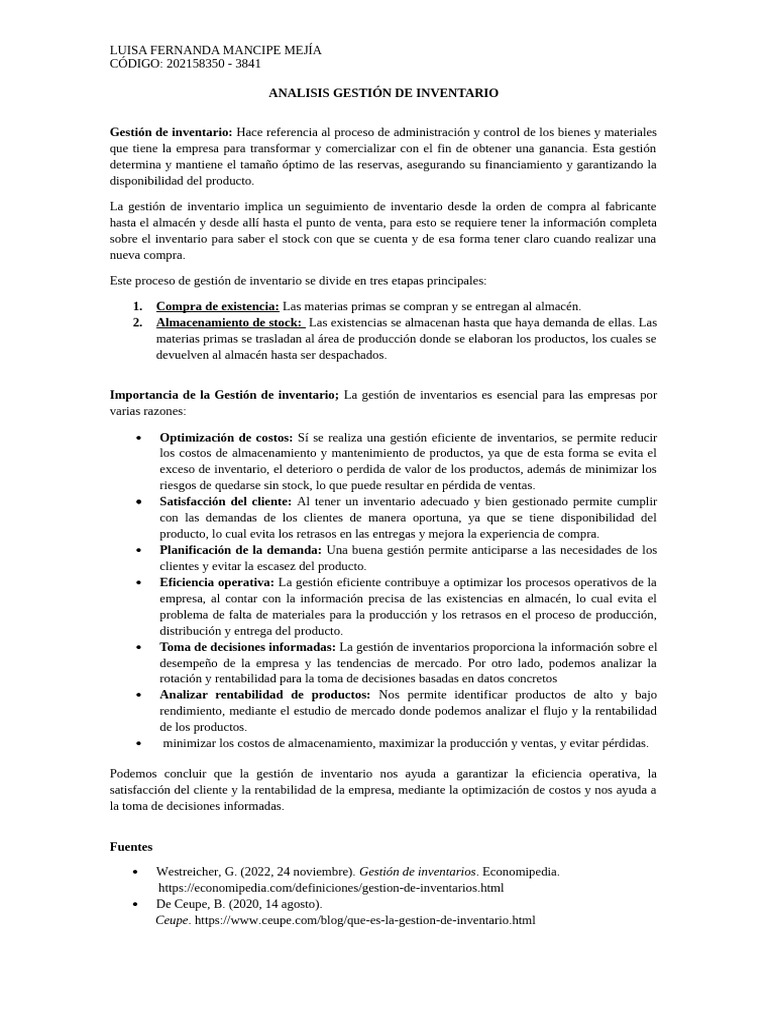 Analisis Gestión de Inventario LFMM | PDF | Business | Negocios económicos