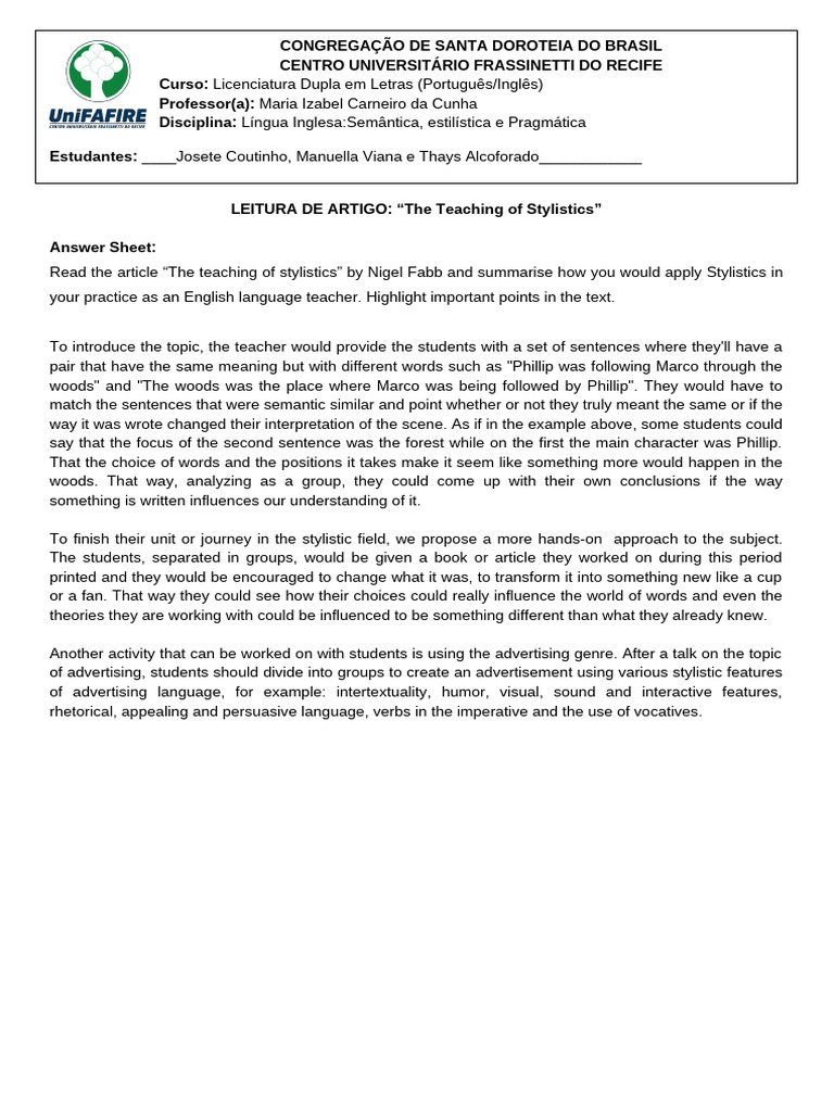 Atividade Do Artigo: "The Teaching of Stylistics" by Nigel Fabb | PDF ...