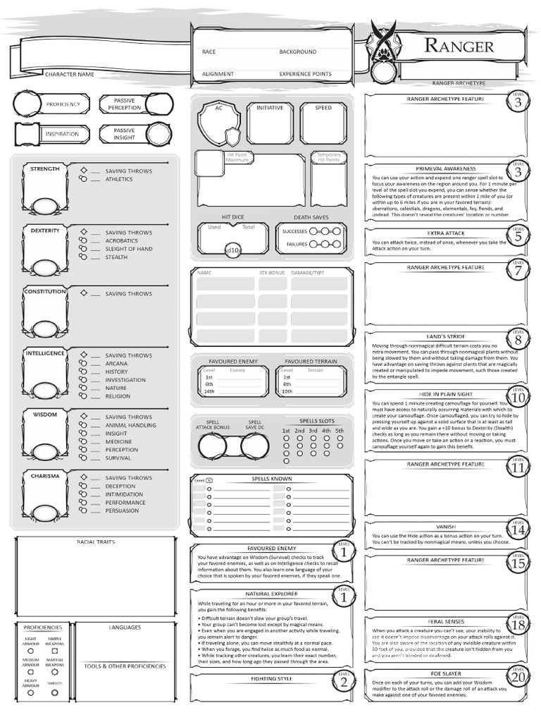 Class Character Sheet Ranger v11 Fillable | PDF
