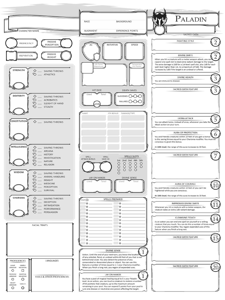 Class Character Sheet Paladin V1 2 Fillable | PDF