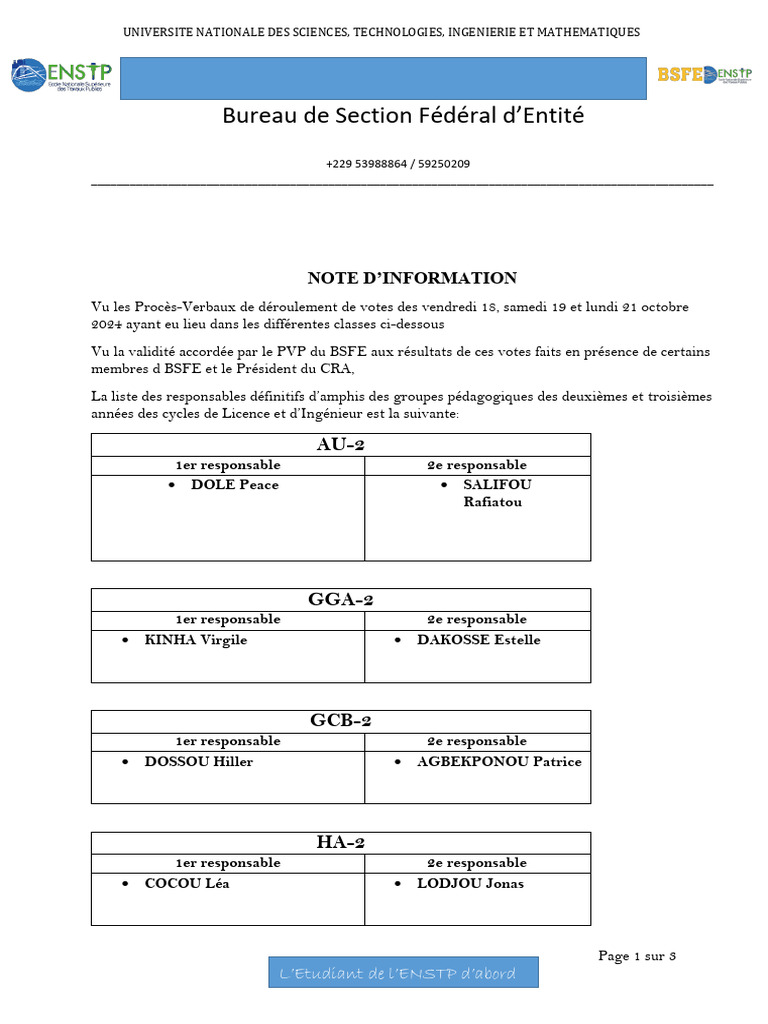Liste des Responsables ENSTP 2024 | PDF | Science | Ingénierie