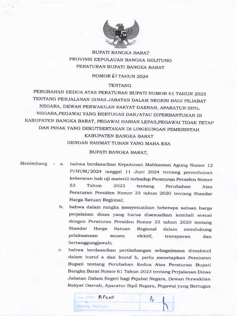 Perbup Nomor 61 Tahun 2024 Tentang Perubahan Kedua Atas Peraturan Bupati Nomor 61 Tahun 2023 ...