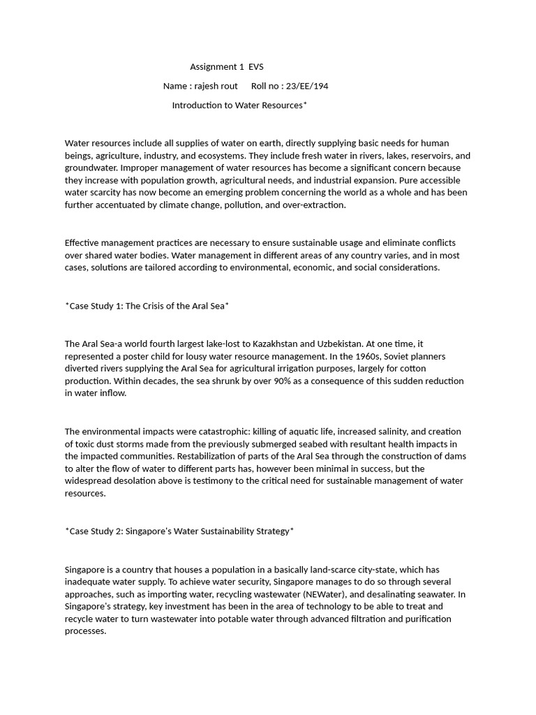 Assignment 1 EVS | PDF | Water Resources | Water