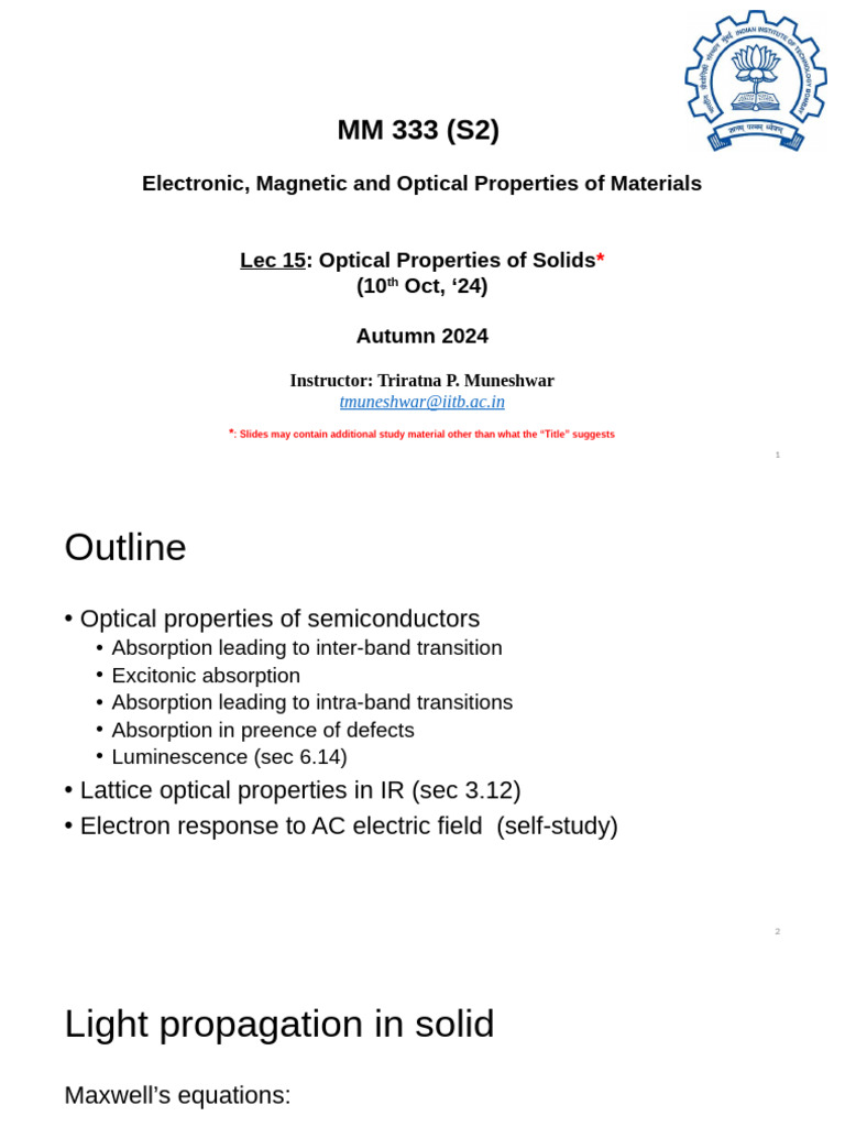 Lec 15 Optical Properties of Solids | PDF | Band Gap | Refractive Index