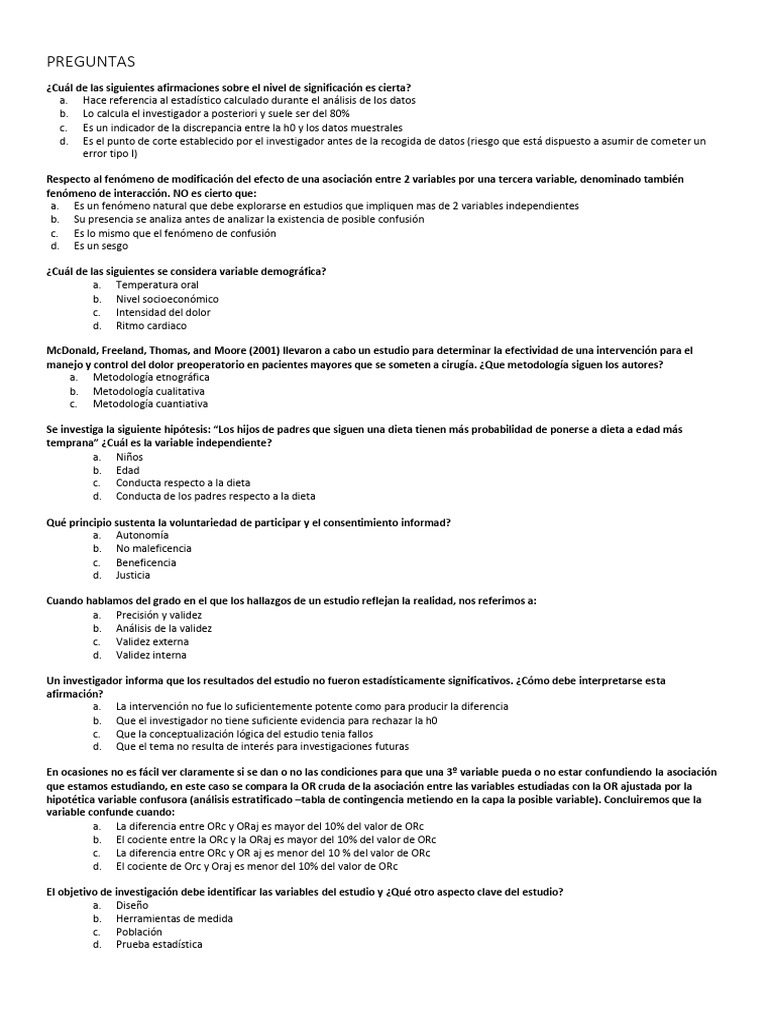 PREGUNTAS Bien INVESTIGACIÓN | PDF | Muestreo (Estadísticas) | Validez (Estadísticas)