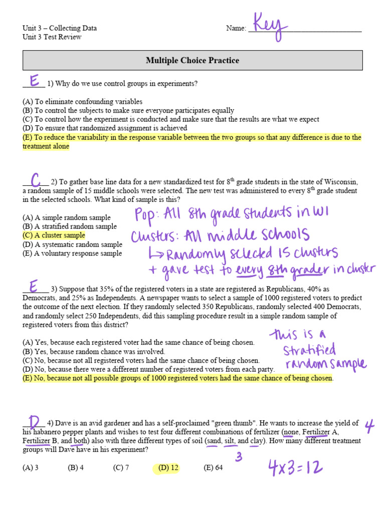 APS Unit 3 Test Review Key | PDF | Sampling (Statistics) | Migraine