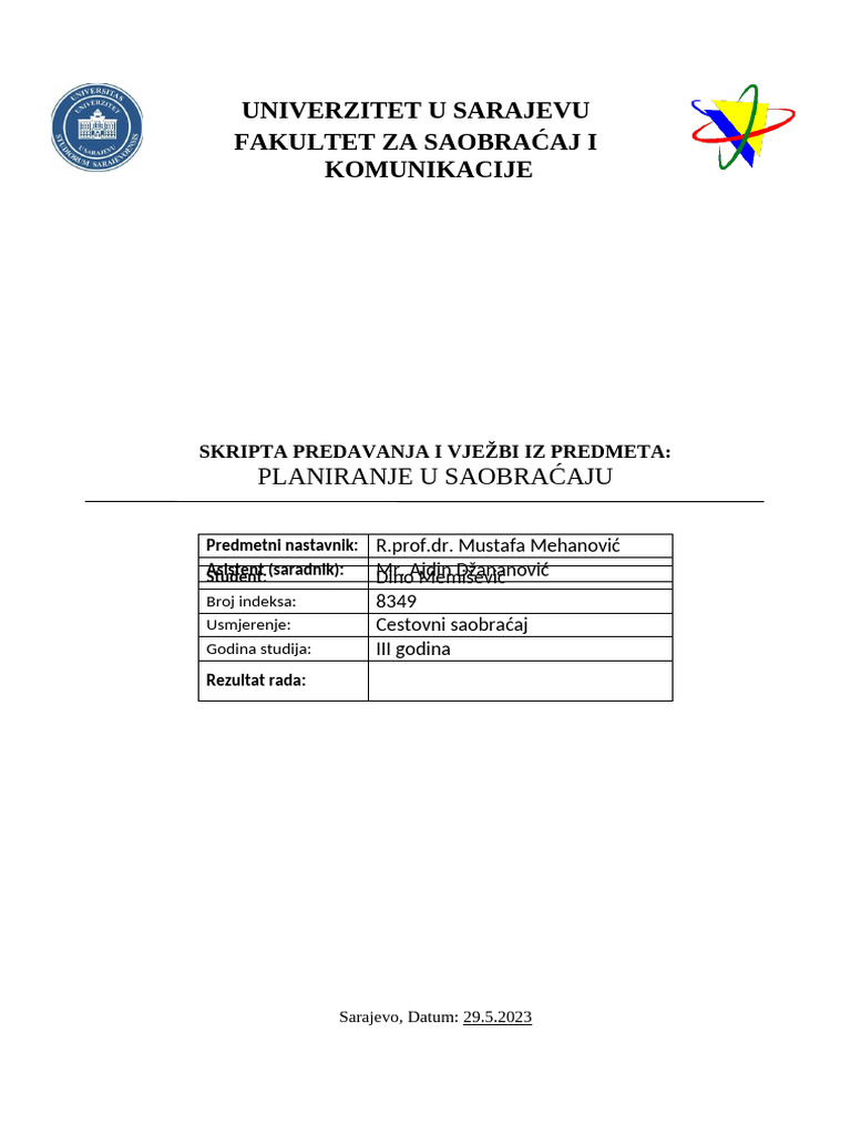 Planiranje U Saobraćaju - SKRIPTA (PRAĆENJE PREDAVANJA) | PDF