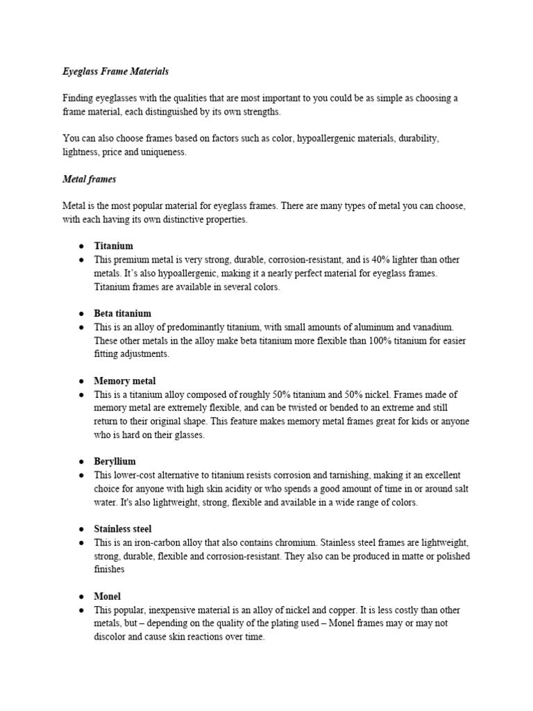 Eyeglass Frame Materials Guide | PDF | Metals | Titanium
