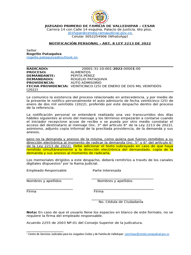Formato Notificación Personal Ley 2213 | PDF | Gobierno