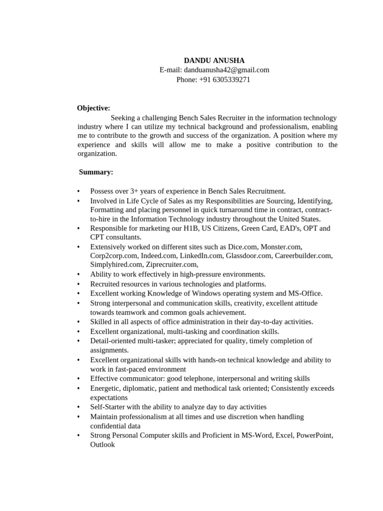 Anusha Dandu Resume | PDF | Recruitment | Consultant