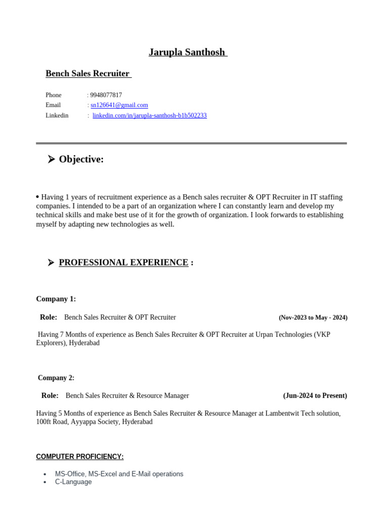 Santhosh Bench Sales 1+ Resume | PDF | Recruitment | Human Communication