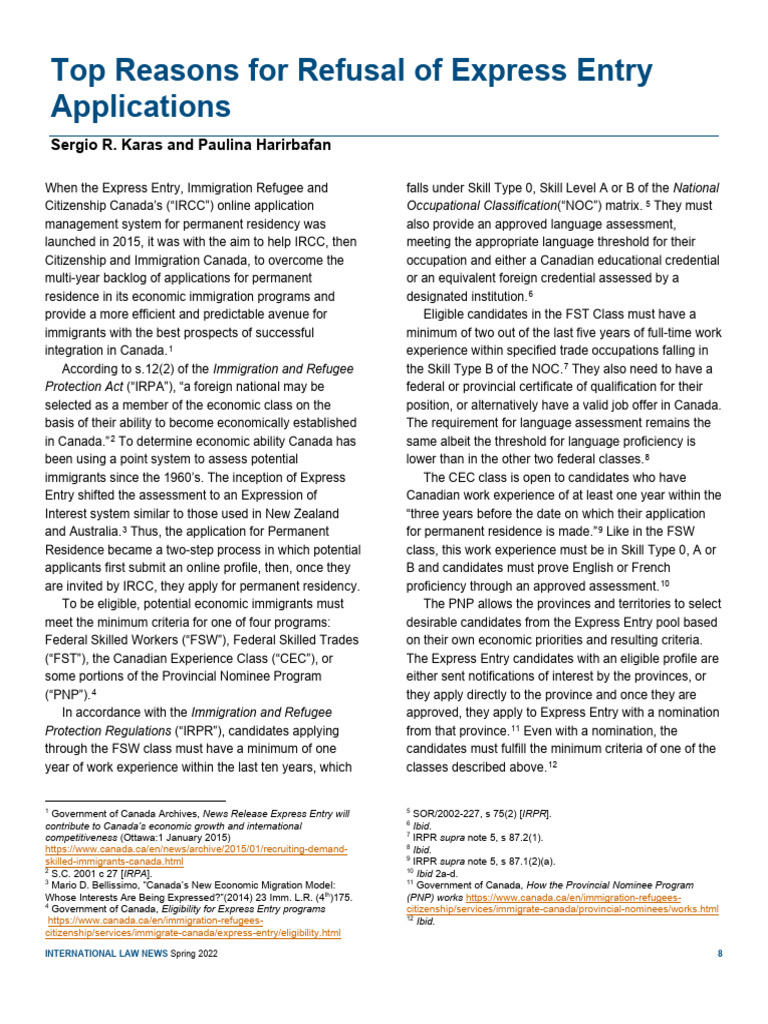 REfusal of Express Entry - ABA ILN 2022 | PDF | Immigration | Justice