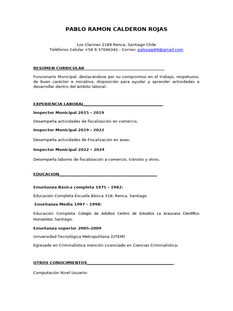Curriculum Vitae Pablo Calderon. | PDF