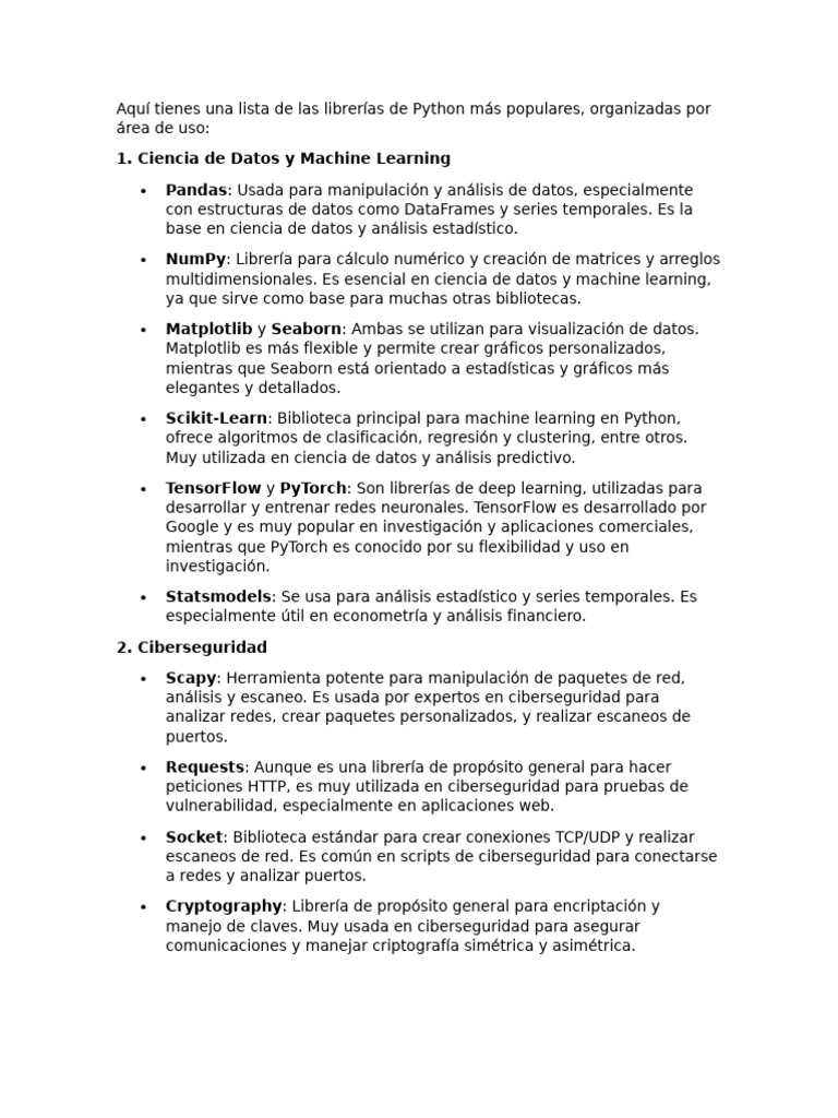 Librerias Mas Usadas en Python | PDF | Lenguaje de programación ...