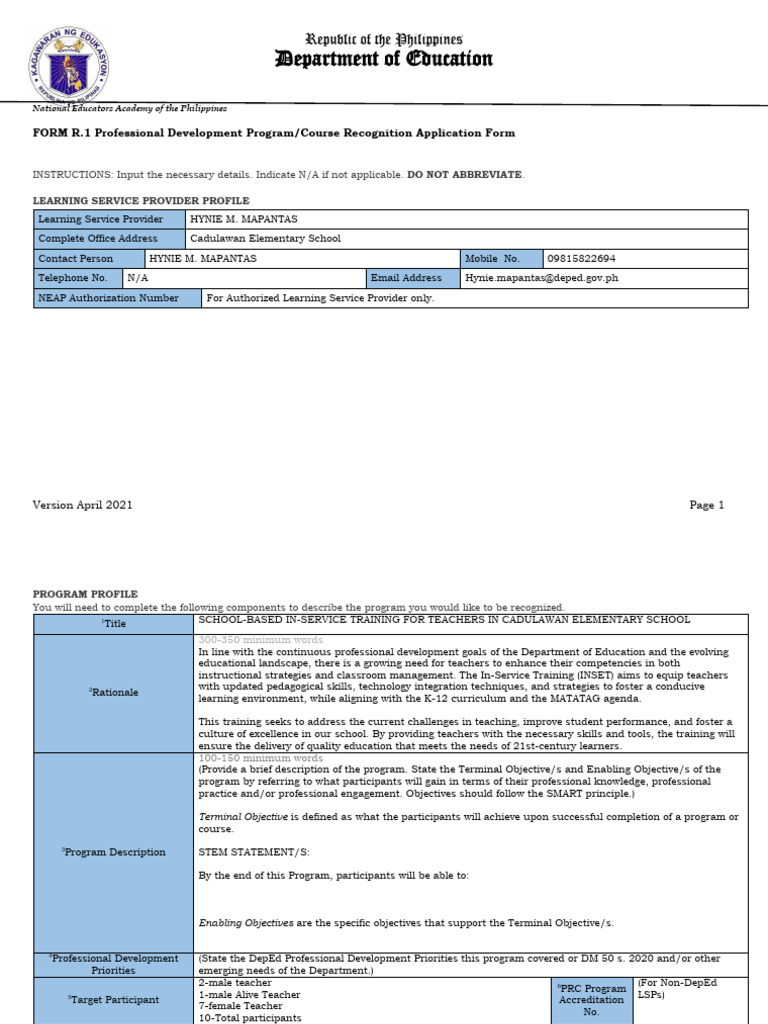 Teacher Training Application Form | PDF | Teachers | Learning