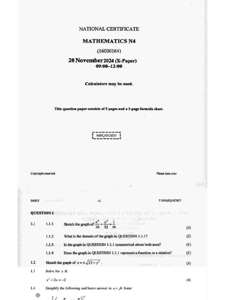 20 November 2024 N4 Mathematics (Question Paper) National Certificate | PDF