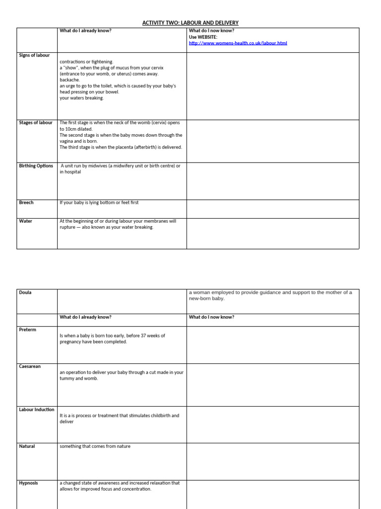 Lesson 8 Birth and Labour Worksheet | PDF