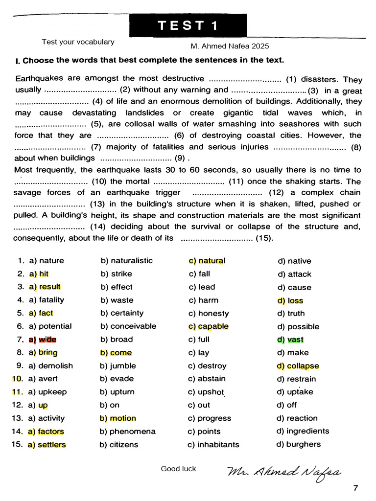 Vocabulary Practice for Earthquake Impact | PDF | Earthquakes | Natural ...