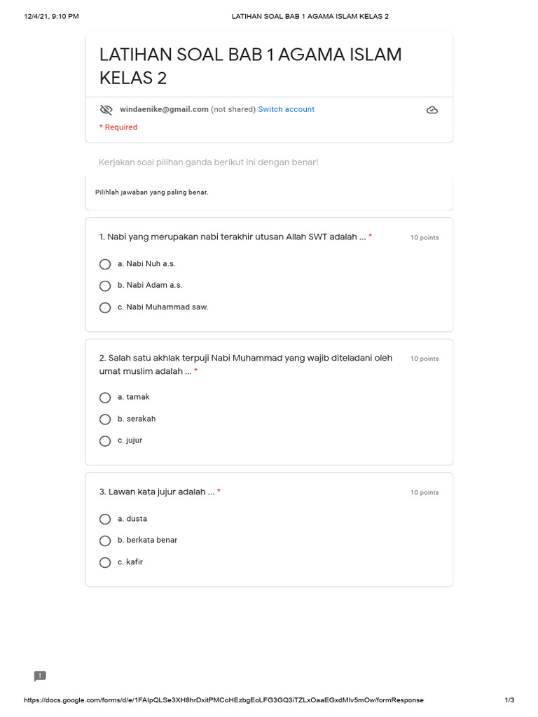 Latihan Soal Bab 1 Agama Islam Kelas 2 | PDF
