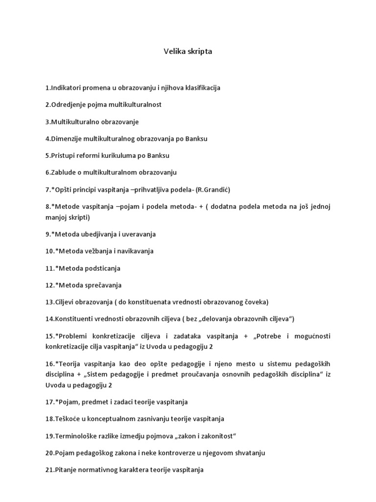 Teorija Vaspitanja 1 Spisak Ispitnih Pitanja I Literatura | PDF