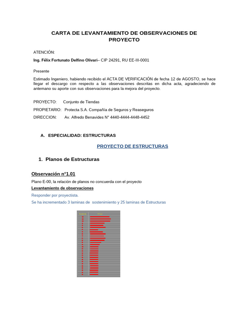 Estructuras - Formato de Carta de Levantamiento de Observaciones Baldoceda | PDF | Fundación ...