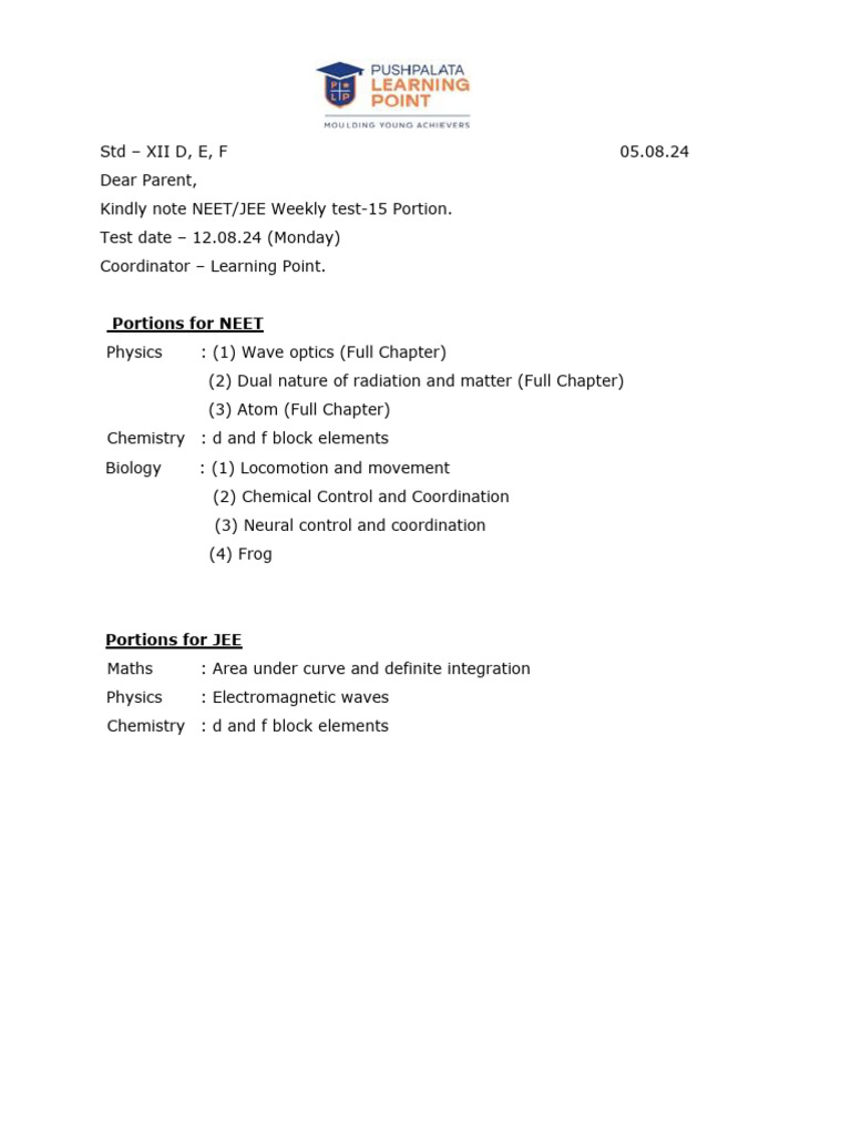 STD XII WT-15 Portion | PDF | Teaching Methods & Materials | Science & Mathematics