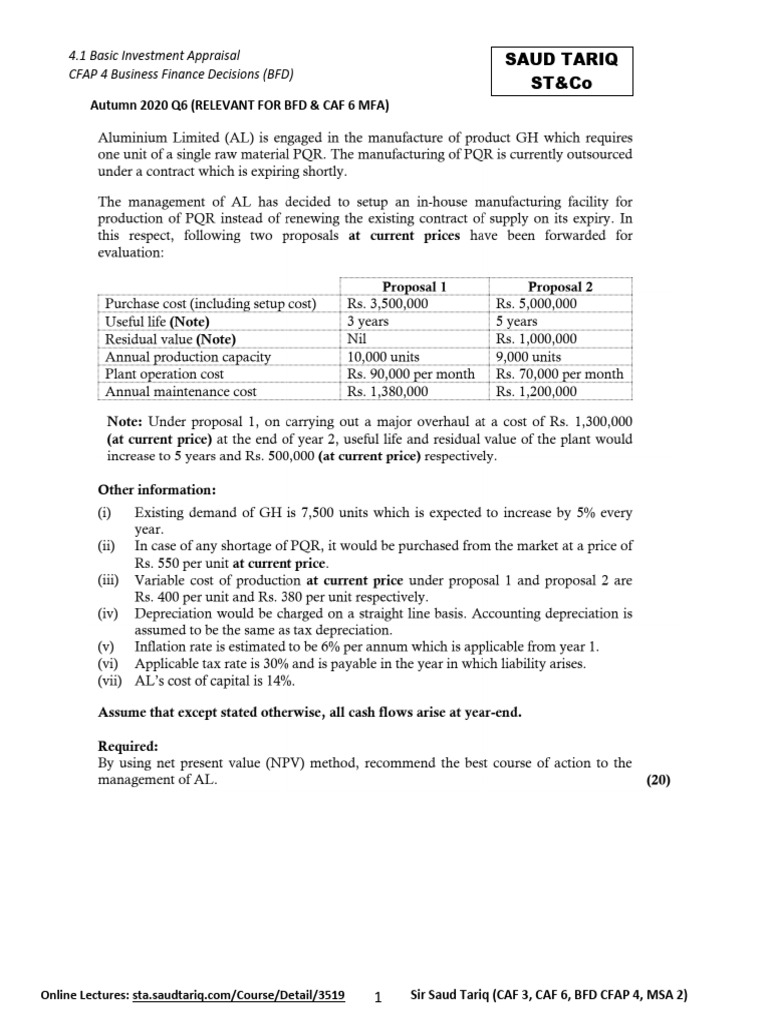 4.1 Invenstment Appraisal Basics Extra Autumn 2020 Q6 With Solution | PDF | Depreciation | Expense