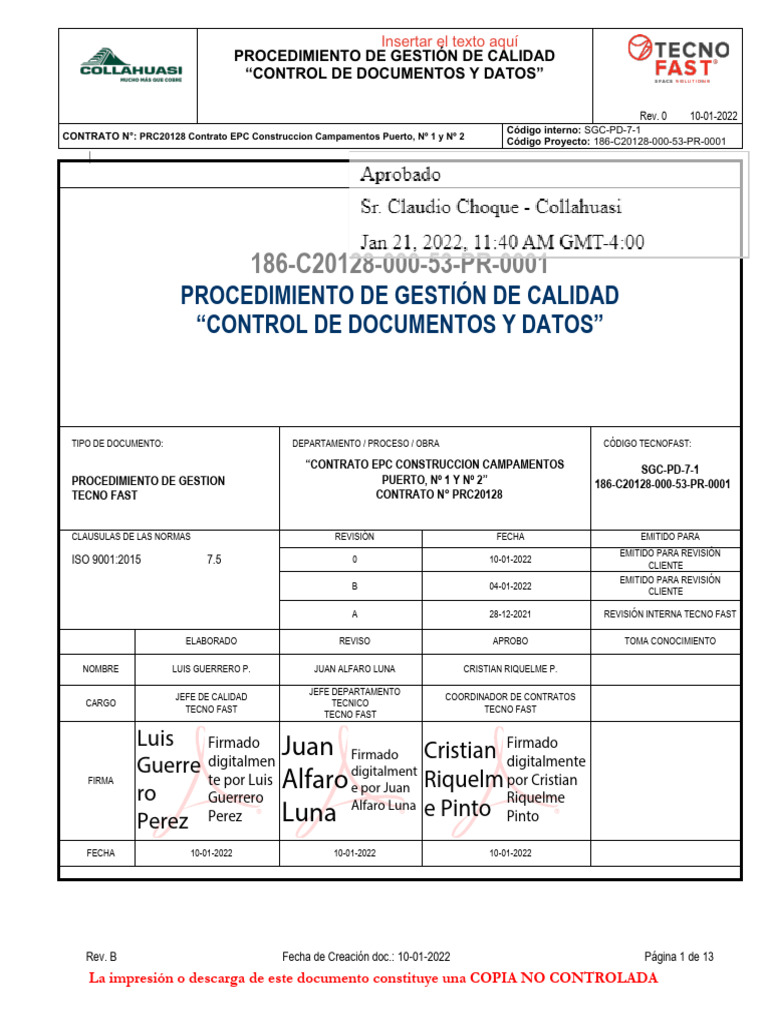 Procedimiento de Gestión de Calidad "Control de Documentos Y Datos ...