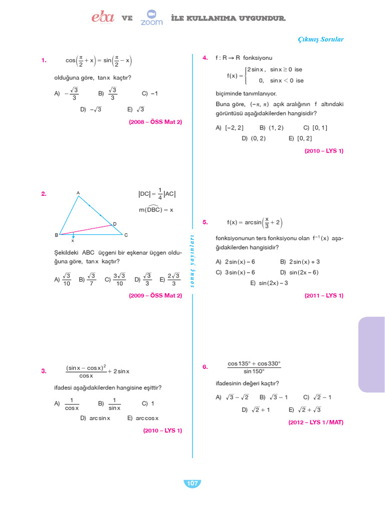 11.sinif Matematik Dersi Trigonometri Konusu Cikmis Sorular Ve ...