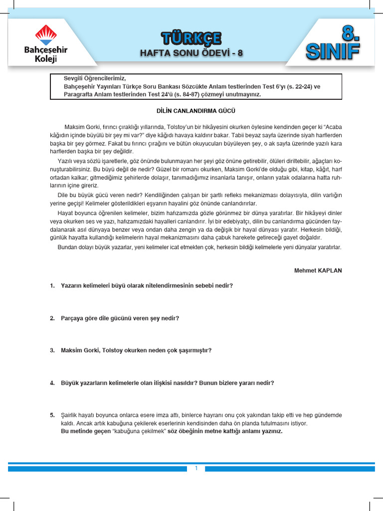 8 Sinif Turkce Hafta Sonu 08 1603349216 | PDF