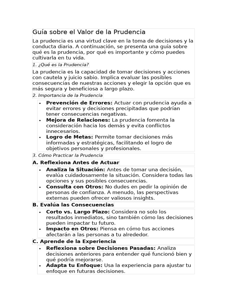 Guía Sobre El Valor de La Prudencia | PDF | Toma de decisiones | Prudencia