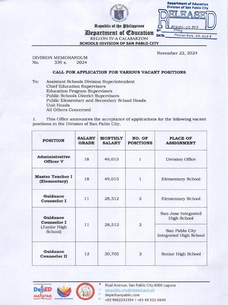 Division Memorandum 339, S. 2024 - Call For Application For Various ...